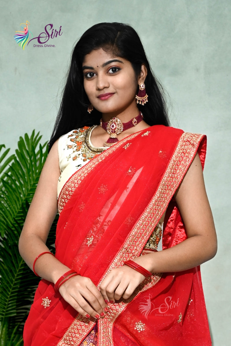 Banarasi Half Saree with Floral Gold Zari Work – Siri.Fashion